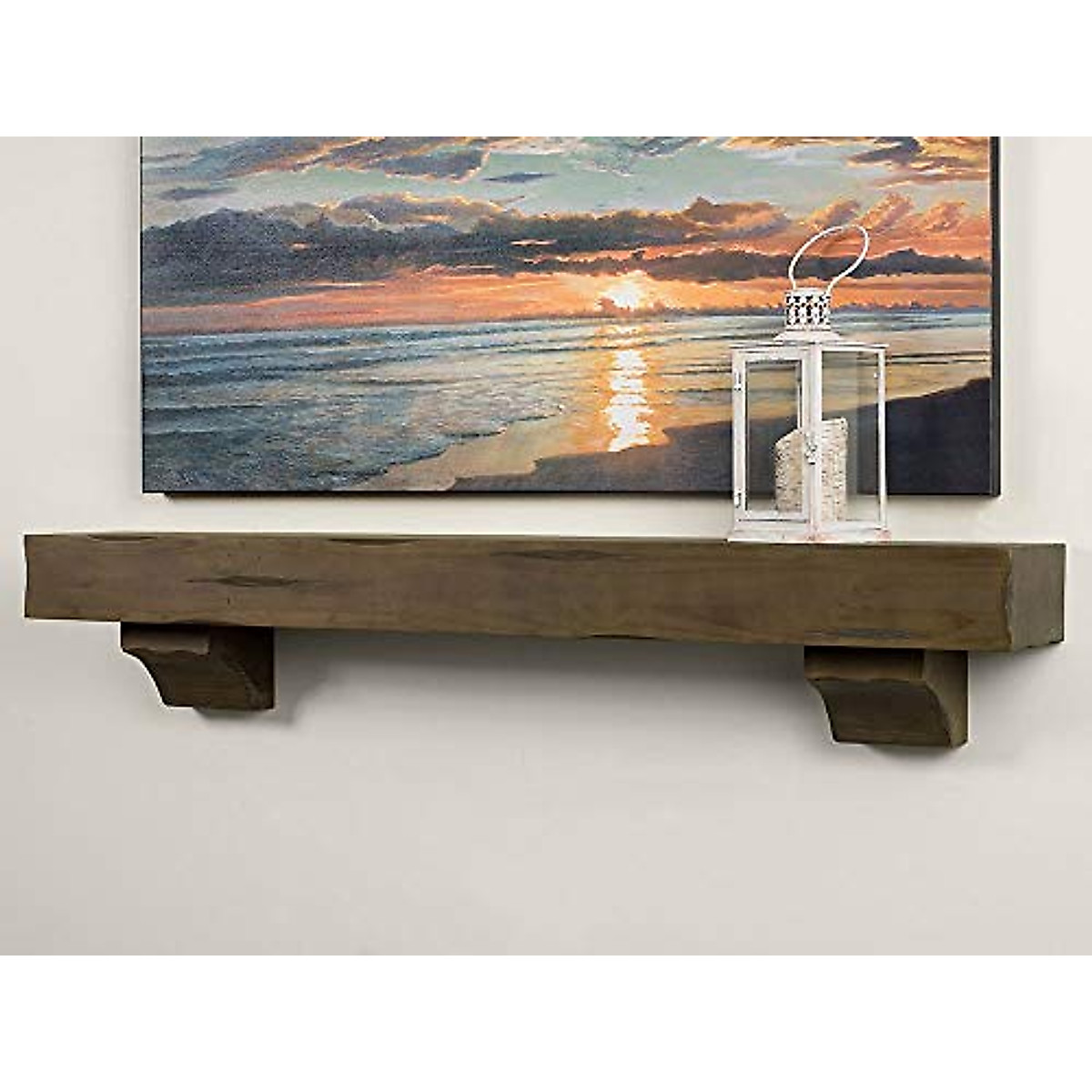 72 Inch Floating Fireplace Mantel Wood Shelf In Grey Rustic - Breckenridge From Mantels Direct | With Corbel Bracket Arches | Wooden Rustic Wall Shelf Perfect for Electric Fireplaces and Décor