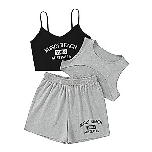 Verdusa Women's 3 Piece Tracksuit Letter Print Cami Top Crop Tank and Shorts Sets Black Grey XL