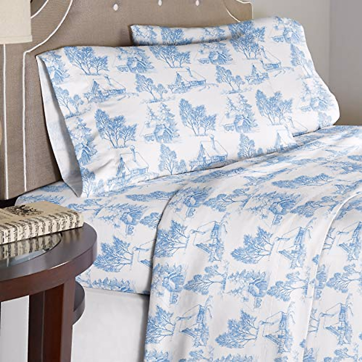 Pointehaven 180 GSM 100% Cotton Flannel Sheet Set - Queen, Scenic Toile Blue - Warm & Cozy - Pre-Shrunk -Deep Pockets - Elastic All Around-Comfy Double Brushed
