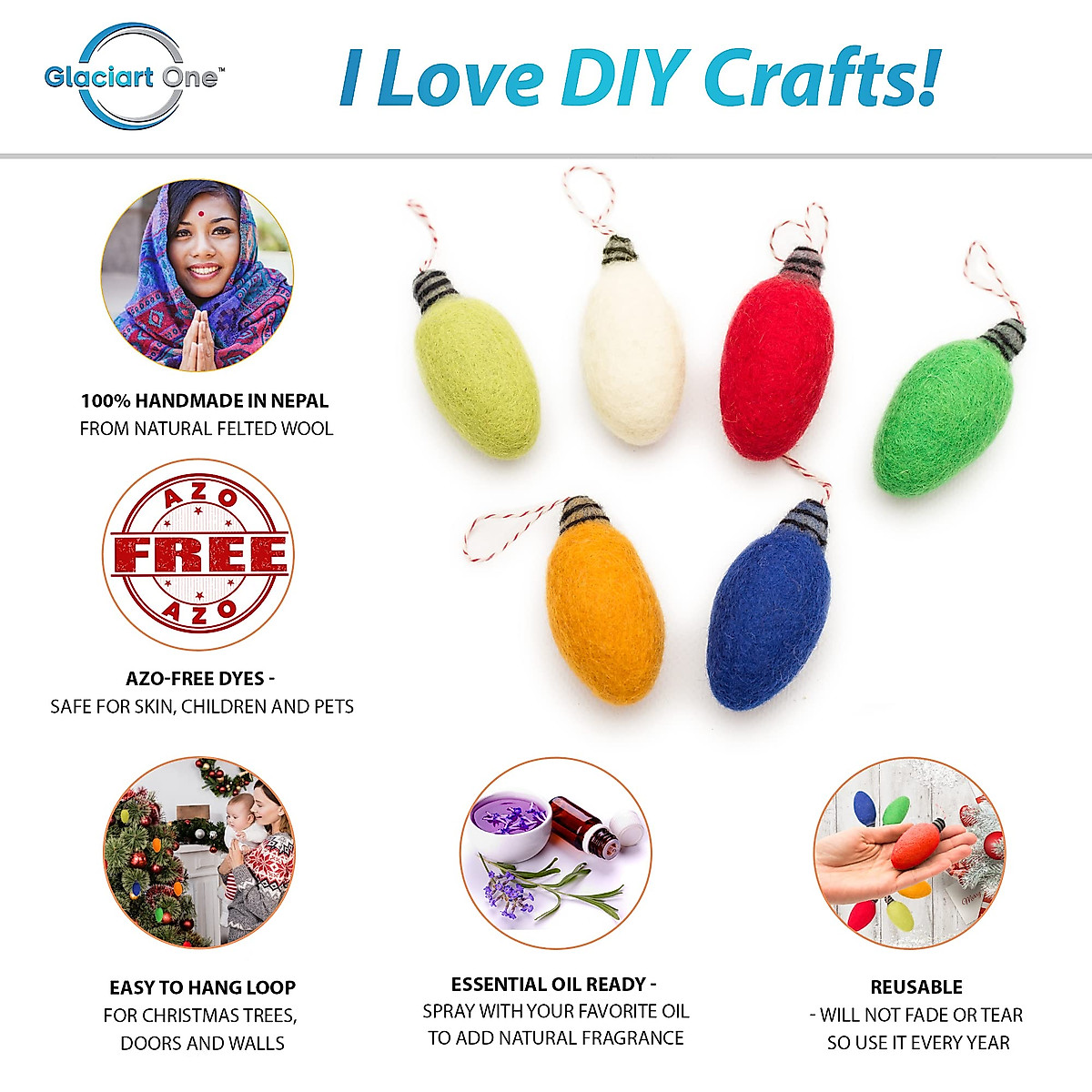 GLACIART ONE Felt Lightbulbs Ornaments Set of 6 | for Christmas Tree Decorations, Hanging Garland | Ideal Christmas & Fall Season Decoration | New Zealand Natural Wool, Hand-Felted in Nepal