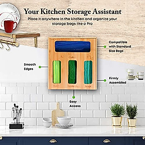 Bamboo Food Storage Bag Organizer for Kitchen Drawer Baggie Container Dispenser Food Storage Bag Holder for Sandwich - Nuts, Cookies & Snack Variety Size Bags, Compatible with Ziploc,Gallon