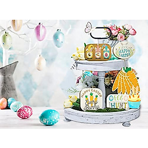 Hying 10 PCS Easter Bunny Gnomes Tiered Tray Decoration, Easter Eggs Mini Wooden Signs Words Letters Garland Carrot Rabbits Tabletop Signs for Home Farmhouse Rustic Kitchen Decor