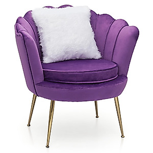 MoNiBloom Upholstered Velvet Accent Chair Elegant Mid-Century Modern Purple Shell Chair w/Cushion and Golden Legs, Retro Leisure Tufted Flower Arm Chair for Living Room Bedroom Reading Areas