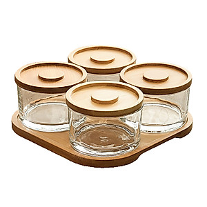 KVMORZE 9.5oz Chip and Dip Serving Set with Bamboo Tray, Snack Candy Fruit Nut Serving Platter, Small Glass Dipping Serving Bowls with Lids for Condiments, Side Dishes, Pre, Dessert, Salsa (4 Slots)