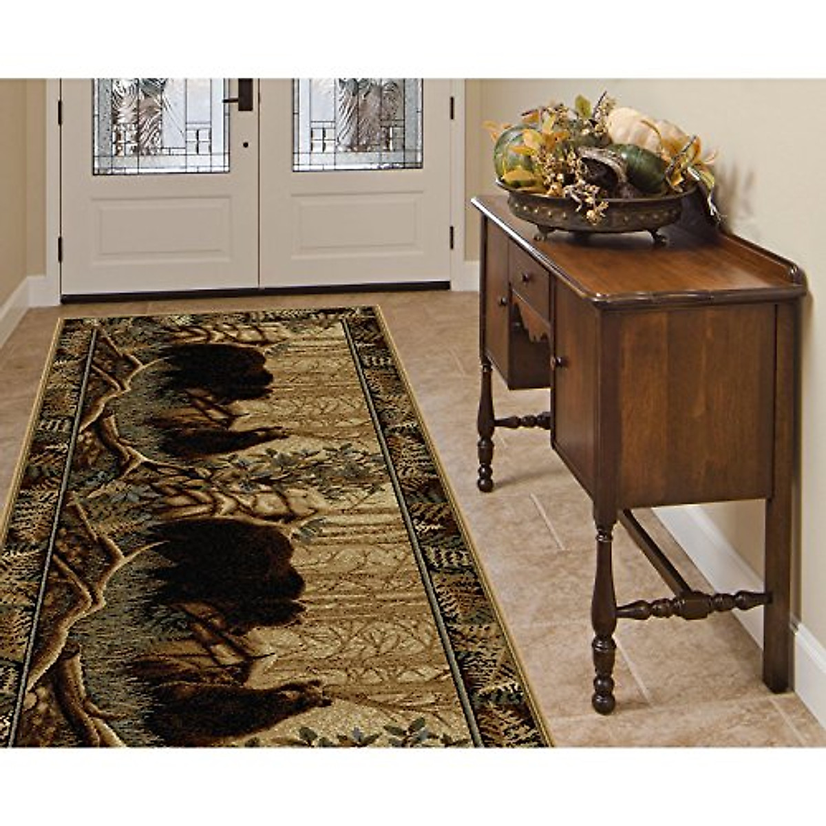 Fern Bear Novelty Lodge Pattern Beige Runner Rug, 2.7' x 7'