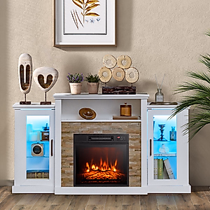GOFLAME Fireplace TV Stand with LED Lights for TV up to 65”, Entertainment Center with 18” Electric Fireplace, Remote & APP Control, TV Console with Adjustable Glass Shelves (White)