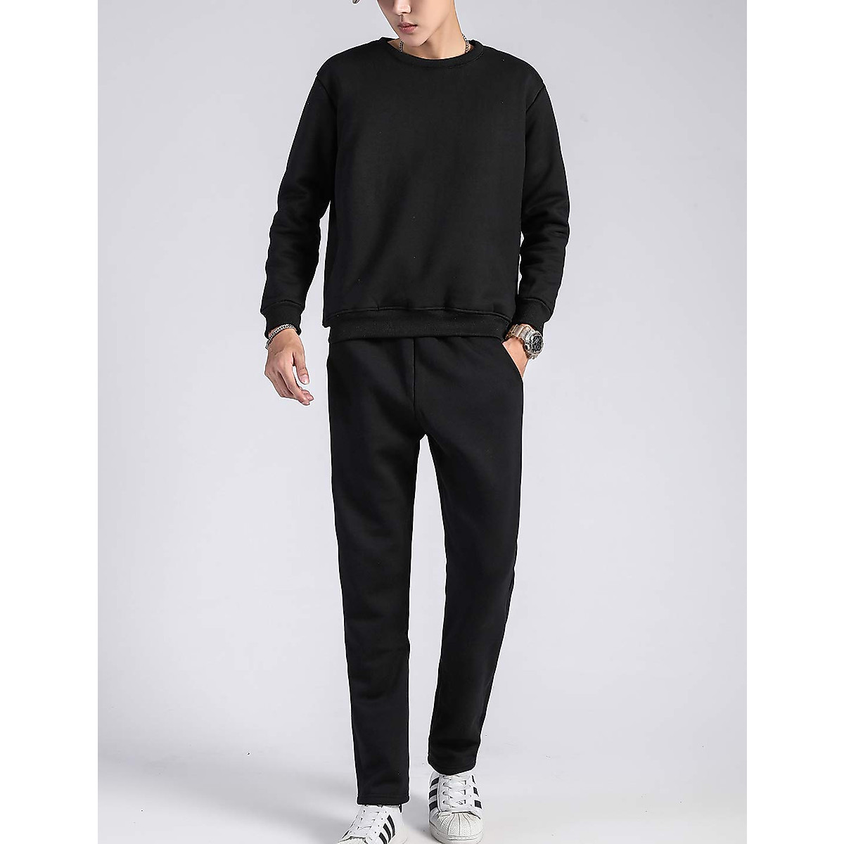 Gihuo Men's Crewneck Sweatshirt Winter Warm Sherpa Lined Pullover Fleece Top Heavyweight Loungewear Sweatshirt (Black, Large)