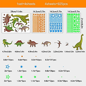 Buiory 925pcs Glow in the Dark Dinosaur Wall Decals Removable DIY Glowing Blue Green Yellow Stars and Dots Wall Stickers PVC Peel and Stick Fluorescent Luminous Wall Decor for Kids Bedroom Baby Boys