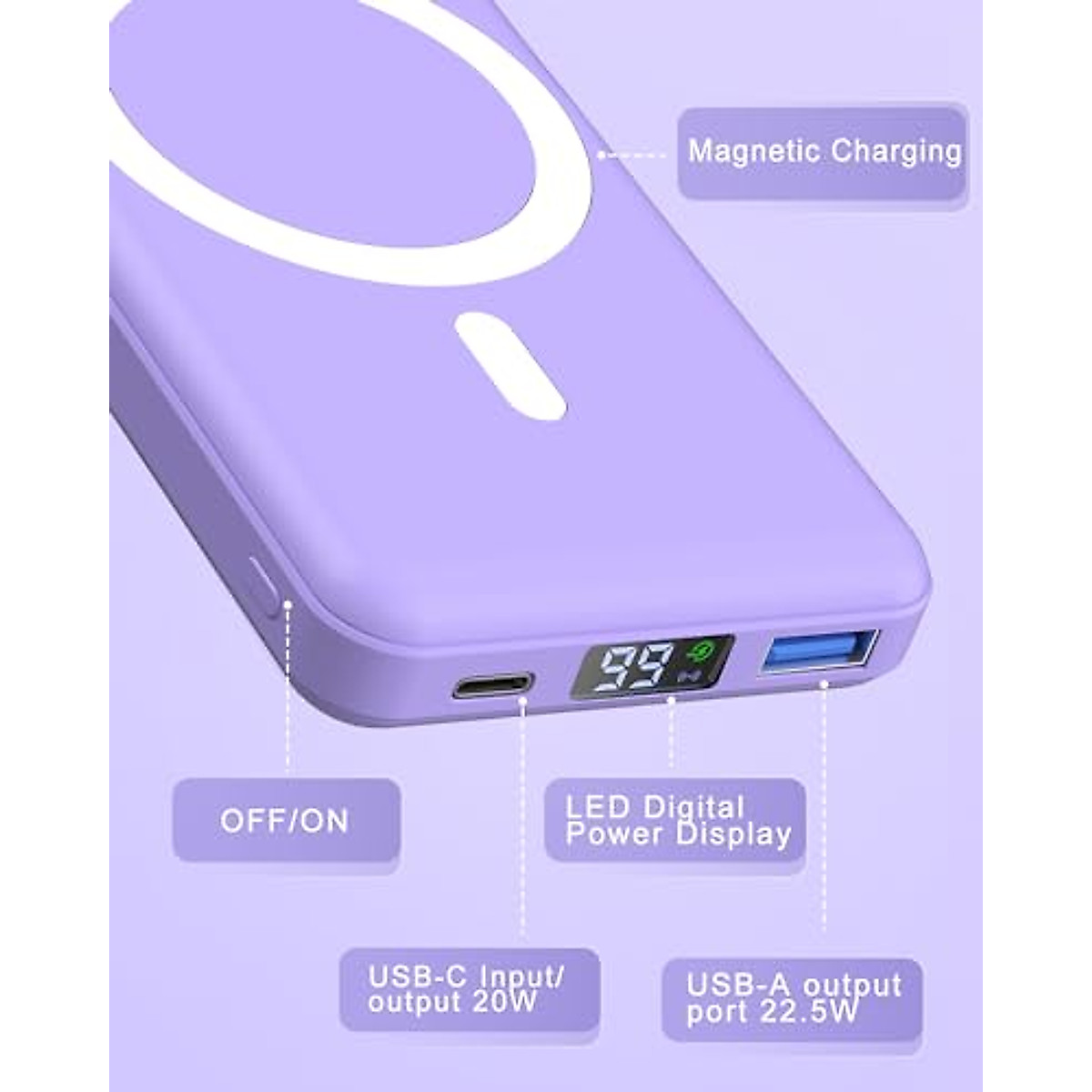 podoru Wireless Portable Charger, 10000mAh Magnetic Power Bank with Type-C Cable LED Display 22.5W PD Fast Charging Lighting Mag-Safe Battery Pack for iPhone 15/14/13/12/Mini/Pro/Pro Max-Purple