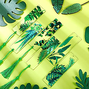 10 Pcs Bookmarks with Tassels Acrylic Bookmarks Resin Plant Bookmark with 10 Pieces Green Tassels Plant Reading Transparent Bookmark for Women Teacher Kids Book Lovers