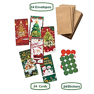 PINKEESEA Christmas Cards with Kraft Envelopes - 24 Christmas Cards with 24 Kraft Envelopes 24 Festive Stickers-6 Holiday Designs