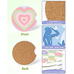 8pcs Danish Pastel Car Coasters 2.56 inches Car Cup Holders Absorbent Ceramics with Finger Notch Drinks Coasters Cork Base Aesthetic Smiling Face Flowers Preppy Boho Cute Car Accessories for Women