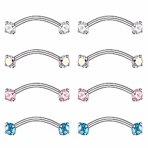 ZS 8PCS 16G Stainless Steel Cubic Zirconia Curved Barbell Eyebrow Ring Daith Earring Rook Piercing (Round, Barbell length:5/16"(8mm))