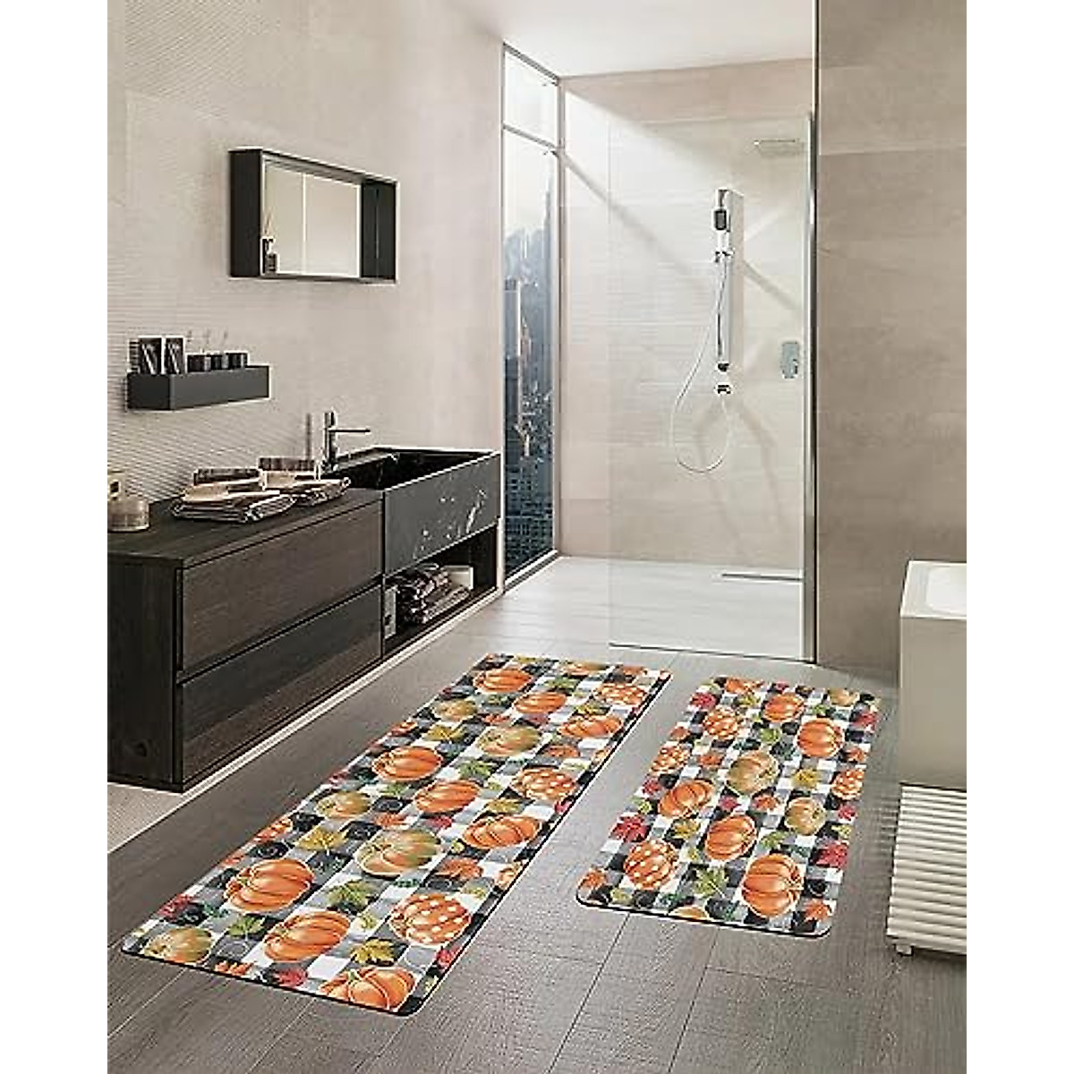 Buffalo Plaid Pumpkins Bath Mat for Tub,Non Slip Bathroom Floor Runner Rug Quick Dry & Absorbent Diatomaceous Earth Shower Sink Kitchen Doormat,Thanksgiving Fall Leaves Black White 20x24+20x48