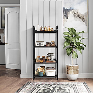 ECOMEX 4-Tier Ladder Shelf Modern Style Shelf, Ladder Bookshelf Open Storage Rack Wood Ladder Shelf with Solid Pine Frame, Freestanding Ladder Shelves for Home Office, Bedroom (Black)