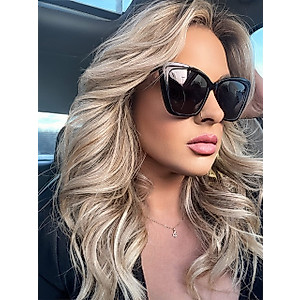 DIFF Becky II Designer Oversized Cat Eye Sunglasses for Women UV400 Polarized Protection, Black + Dark Smoke