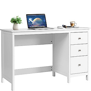 POWERSTONE Computer Desk with 3 Drawers, 48" Modern Home Office Desk Study Writing Table Computer Workstation (White)