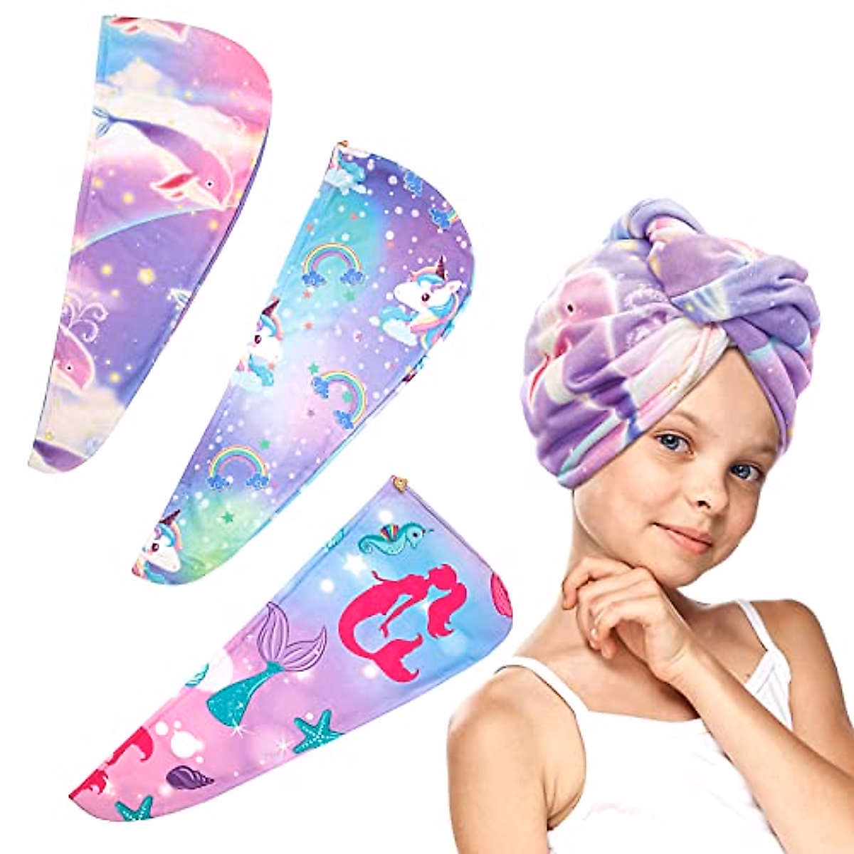 CBLBXYB 3 Pack Microfiber Hair Drying Towel, Super Absorbent Dry Hair Towel Instant Hair Dry Twisty Wrap with Button Anti Frizz Soft Bath Shower Cap Head Towel for Girls Women Ladies Kids