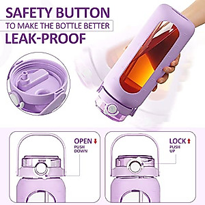 BLUEGO 56oz Glass Water Bottles with Straw Time Marker Half Gallon Large Motivational Water Bottle with Silicone Sleeve 2 Liter Large Glass Water Jug for Gym, Sports&Workout, Daily, Purple