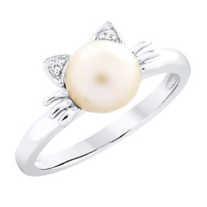 Lexi and Rose .925 Sterling Silver, 7.0mm White Freshwater Cultured Pearl & Lab Grown White Sapphire Kitty Cat Statement Ring - Size 9