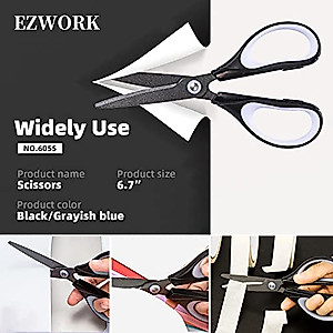 EZWORK Multipurpose Scissors, Comfort-Grip Handles Sharp Scissors for Office Home School Craft Sewing Fabric Supplies (6.7", Black)