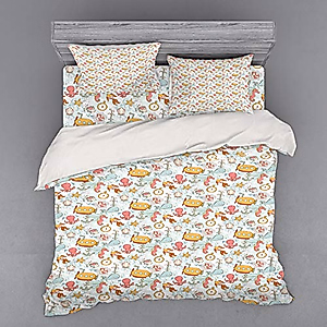 Ambesonne Octopus Bedding Set, Cartoon of Submarine Octopus Fish Whale Seahorse Anchor Shells and Compass, 4 Piece Duvet Cover Set with Shams and Fitted Sheet, King Size, Multicolor