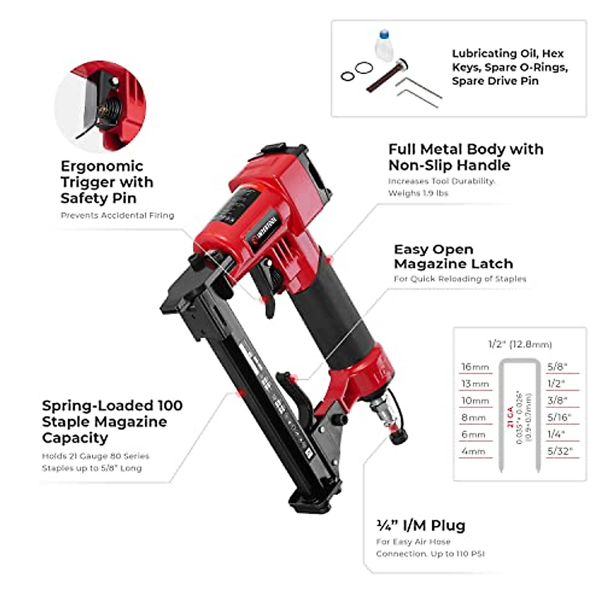 INTERTOOL Pneumatic 21 Gauge 8016 Upholstery Furniture Staple Gun, Air-Powered Fine Wire Woodworking Stapler, Metal Body with Case, 1/2-inch Wide Crown, 5/32-inch up to 5/8-inch Staples PT08-1610