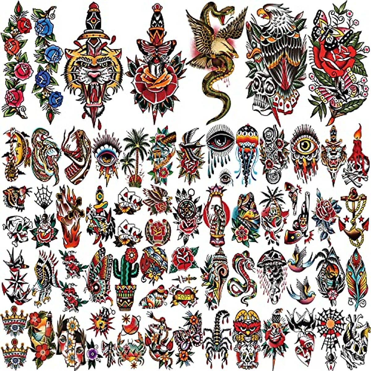 77 sheets Classic Temporary Tattoos Old School Tattoos Stickers, Sailor Jerry Style Vintage Design Fake Tattoo, American Traditional Flower Rose Arm Temporary Tattoos for Women Men Adults Kids