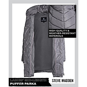 Steve Madden Women's Long Chervron Quilted Outerwear Jacket, Titanium, Large
