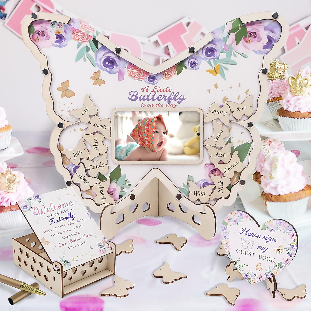 66 Pcs Baby Shower Guest Book Alternatives Set Butterfly Guest Book Baby Shower Guestbook with Photo Frame Baby Sonogram Frame with 60 Butterfly Wood Slices for Birthday Reception (Butterfly, Purple)