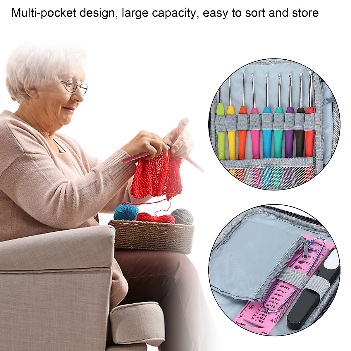 Crochet Bag, Sewing Double Sided Zipper Easy to Carry Crochet Hook Hand Made Oxford Cloth Knitting Organizing Packet Large Yarn Storage for Yarn Stitch Markers(Elephant)