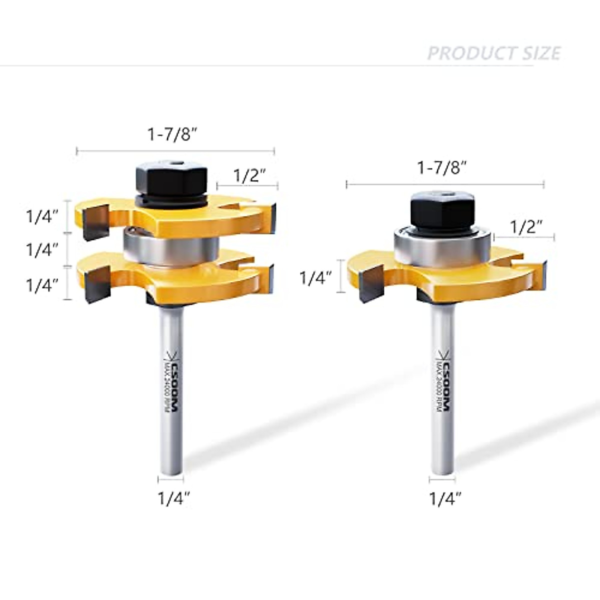 CSOOM 2-Piece Tongue and Groove Router Bit Set with 1/4 Inch Shank, 3 Teeth, and Adjustable T Shape - Ideal Woodworking Tool for Wood Milling and Cutting