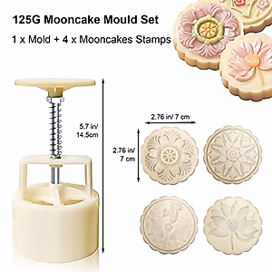 Moon Cake Mold Set 125g, Mid-Autumn Festival Hand-Pressure, Cookie Stamps for baking Mooncake Press for 4 Sets…