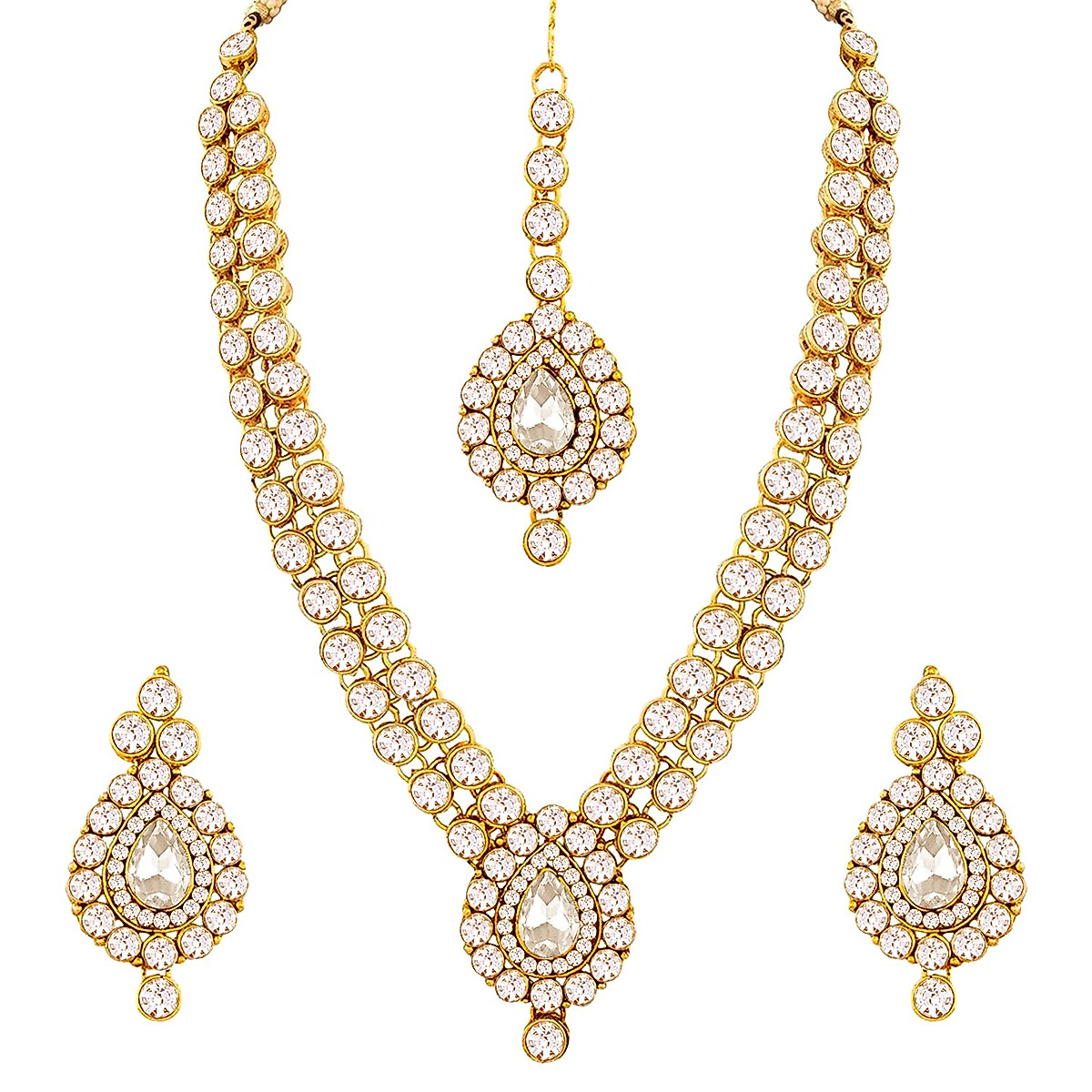Aheli Indian Wedding Wear Faux Stone Necklace with Maang Tikka Set Elegant Ethnic Jewelry Gift for Women