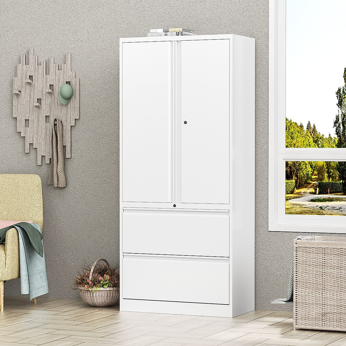 LISSIMO File Cabinet with Lock,Metal Filing Cabinets with Adjustable Shelves and 2 Drawers for Home Office,School Locker Office Storage Cabinet for Letter/Legal/A4 Size Files(White)