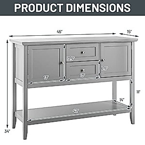 Harmony-Furniture Wooden Buffets and Sideboards, Buffet Cabinet with 2 Storage Drawers, Console Table w/Long Bottom Shelf & Pine Legs, Coffee Bar Cabinet for Kitchen, Dining Room (Grey)