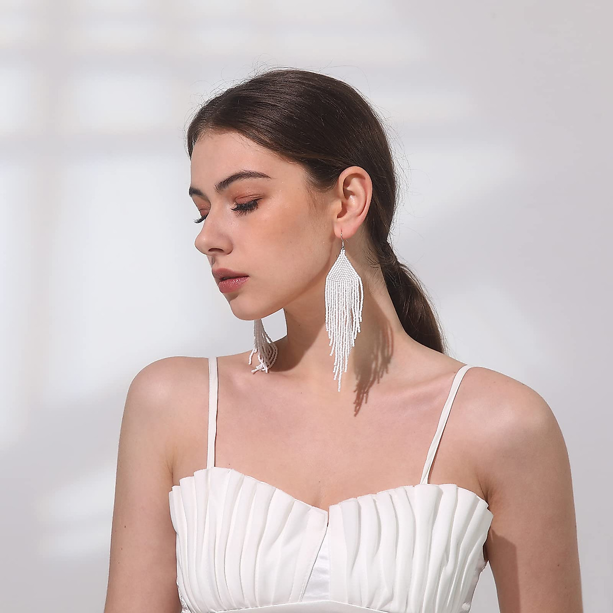 Handmade Beaded Tassel Earrings - Boho Drop Fringe Earrings for women, Native American Indian Earrings (Long White)