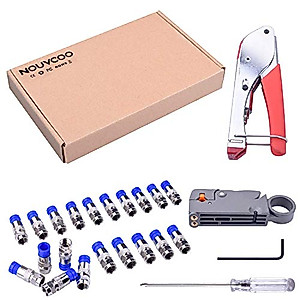 NOUVCOO Compression Tool Kit, RG59 RG6 Coax Crimping Tool Double Blades Coaxial Cable Stripper with 20pcs Blue F Connectors for Cable TV Video Audio NC41