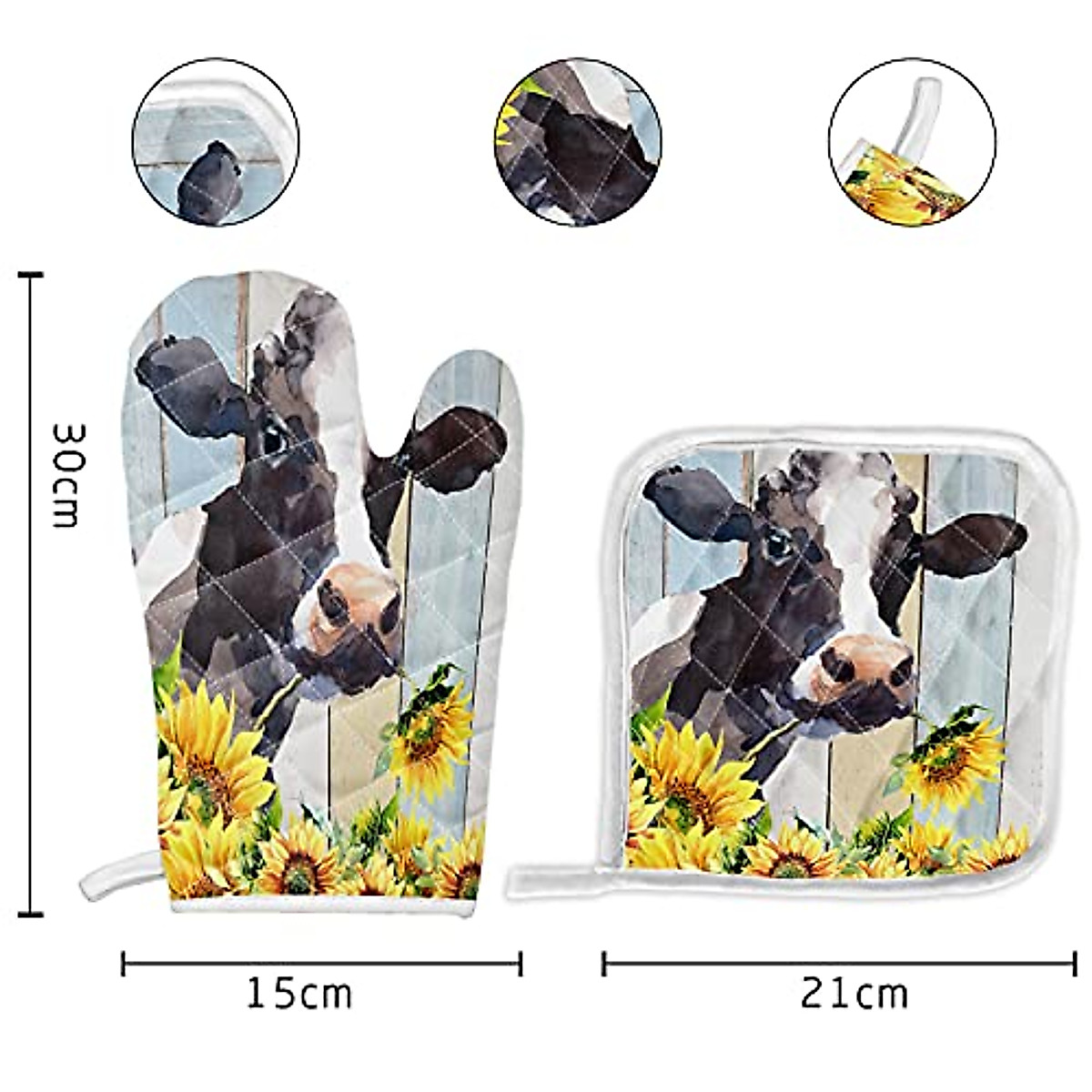 Farm Animal Oven Mitts, Thermal insulation Oven Gloves for Handle Hot Kitchen Items Safely, Anti-Skid Cooking Potholders for Cooking, Baking and Grilling - Cow with Sunflowers on Wood Grain Background