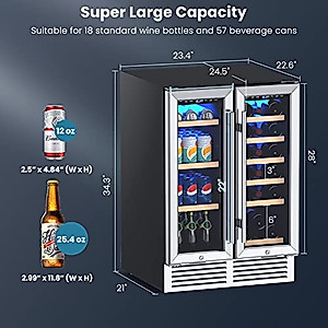 COSTWAY Wine and Beverage Refrigerator, 24 Inch Dual Zone Under Counter Wine Cooler w/Lock, 19 Bottles & 57 Cans Beverage Fridge Cooler, Built-In or Freestanding Beer Wine Fridge for Home Kitchen Bar