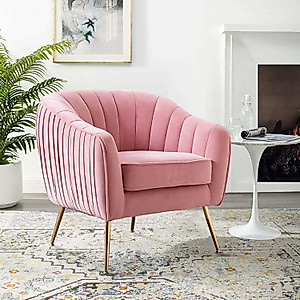Altrobene Velvet Accent Chair, Modern Barrel Arm Chair for Living Room Bedroom with Gold Finished Legs, Blush Pink