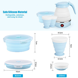 Travel Foldable Electric Kettle, Collapsible Portable Kettle for Fast Water Boiling Tea Coffee, with 1 Collapsible Bowl and 2 Collapsible Cups, Food Grade Silicon, 600ML 110V