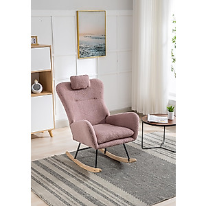 Lepfun 35.5 inch Casual, Soft Teddy Velvet Fabric Rocking Chair for Nursery,Comfy Wingback Glider Rocker with Safe Solid Wood Base for Living Room Bedroom and Balcony,Pink