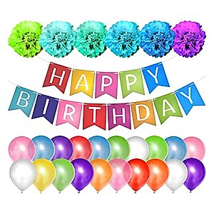 PartyForever Colorful Happy Birthday Banner Party Decorations Set with 20 Multicolor Balloons and 6 Rainbow Color Pom Poms for Children (Boys and Girls)