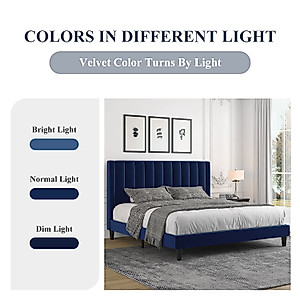 Allewie Queen Platform Bed Frame/Velvet Upholstered Bed Frame with Vertical Channel Tufted Headboard/Strong Wooden Slats/Mattress Foundation/Box Spring Optional/Easy Assembly/Navy Blue