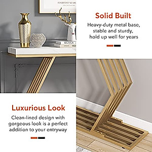 Tribesigns 42 inches Modern Gold Console Table with Geometric Metal Base, White Faux Marble Narrow Entryway Table Foyer Table for Entrance, Living Room, Hallway, Entryway