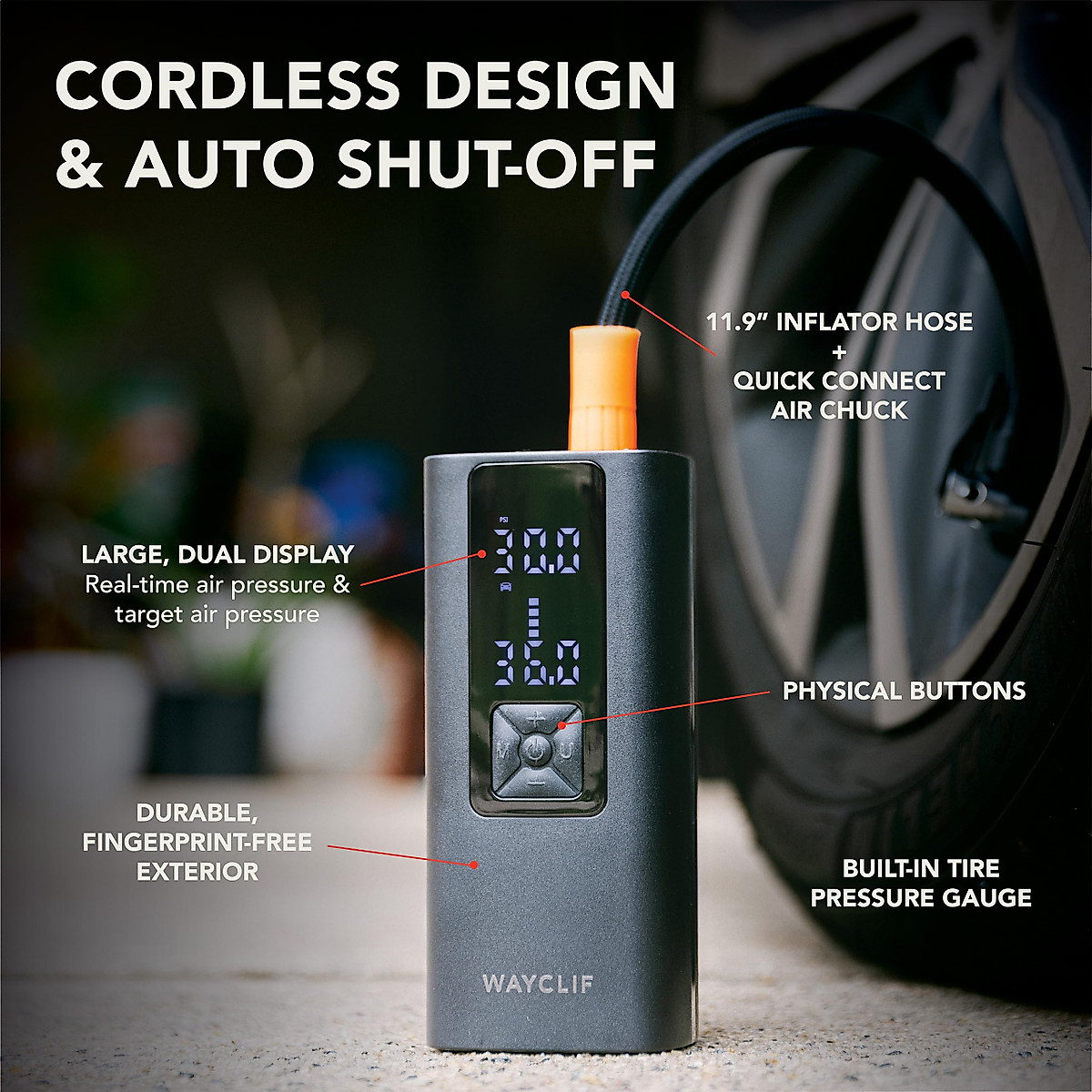 WAYCLIF 4-in-1 Tire Inflator Portable Air Compressor w/Quick Inflate Technology, Tire Pressure Gauge, Dual Screen, 150 PSI Cordless Air Pump for Cars, Bikes, Balls, Inflatable & Tire Repair Kit, Case