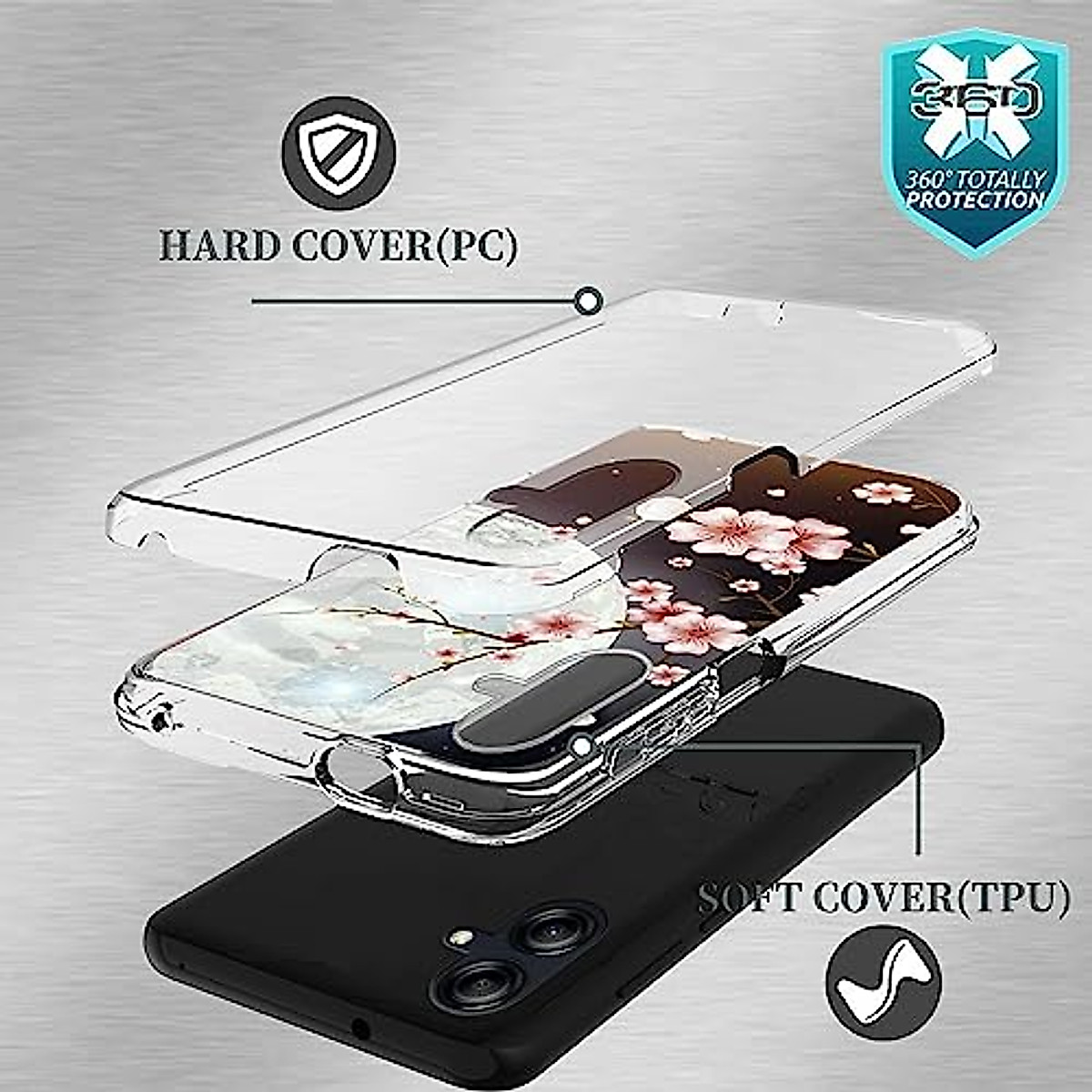 SROJDHFJB Phone Case for Samsung Galaxy A04 4G, Clear Cover for Galaxy A04 4G Dual Layer Soft Rubber Shockproof Bumper Anti-Scratch Hard PC Back, Girls Shell with Moon Sakura Dsigned