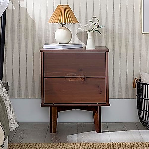 Walker Edison Mid Century Modern Grooved Handle Wood Nightstand Side Table Bedroom Storage Drawer and Shelf Bedside End Table, 2 Drawer, Walnut