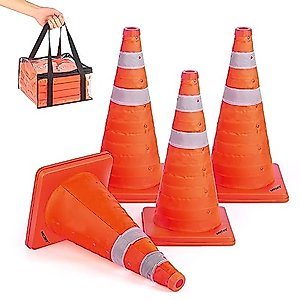 BATTIFE [4 Pack] 18'' inch Collapsible Traffic Safety Cones, Orange Cones, Multi Purpose Pop-up Cones with Reflective Collar, for Road Parking, Driving Practice
